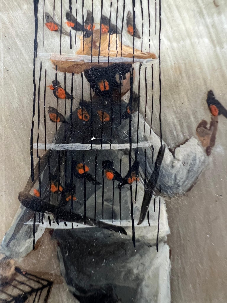 Little Oil Painting of a Bird Vendor by Armando Morales For Sale at 1stDibs