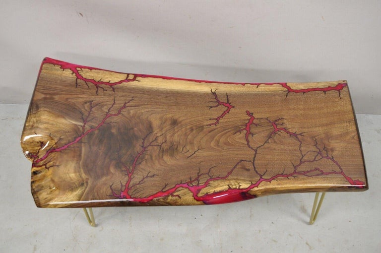 Live Edge Black Walnut Surfboard Coffee Table Red Resin Lacquer Hairpin ...