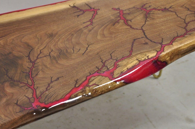 Live Edge Black Walnut Surfboard Coffee Table Red Resin Lacquer Hairpin ...