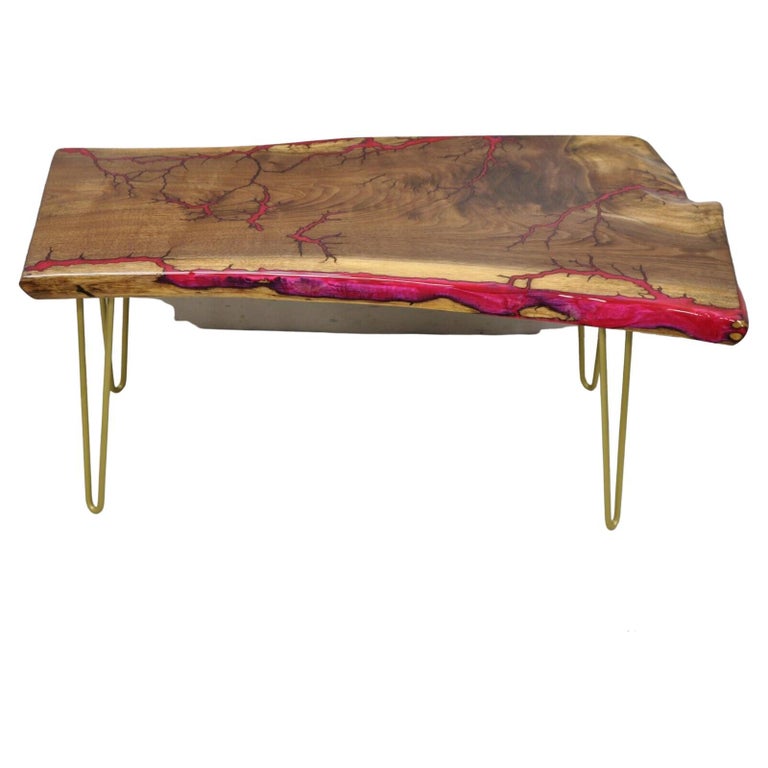 Live Edge Black Walnut Surfboard Coffee Table Red Resin Lacquer Hairpin ...