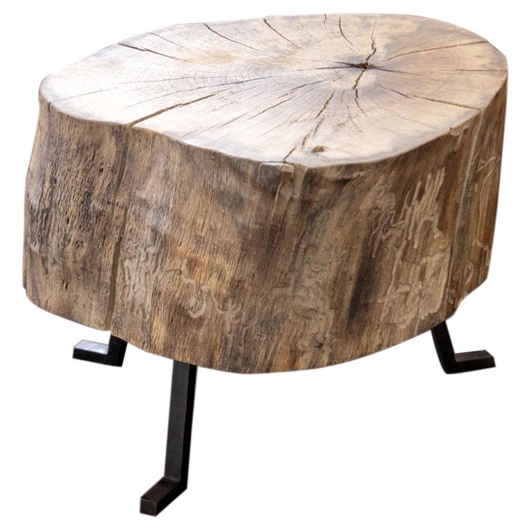 Live Edge End Grain Round Side Table Light Wood with Black Patina Steel ...