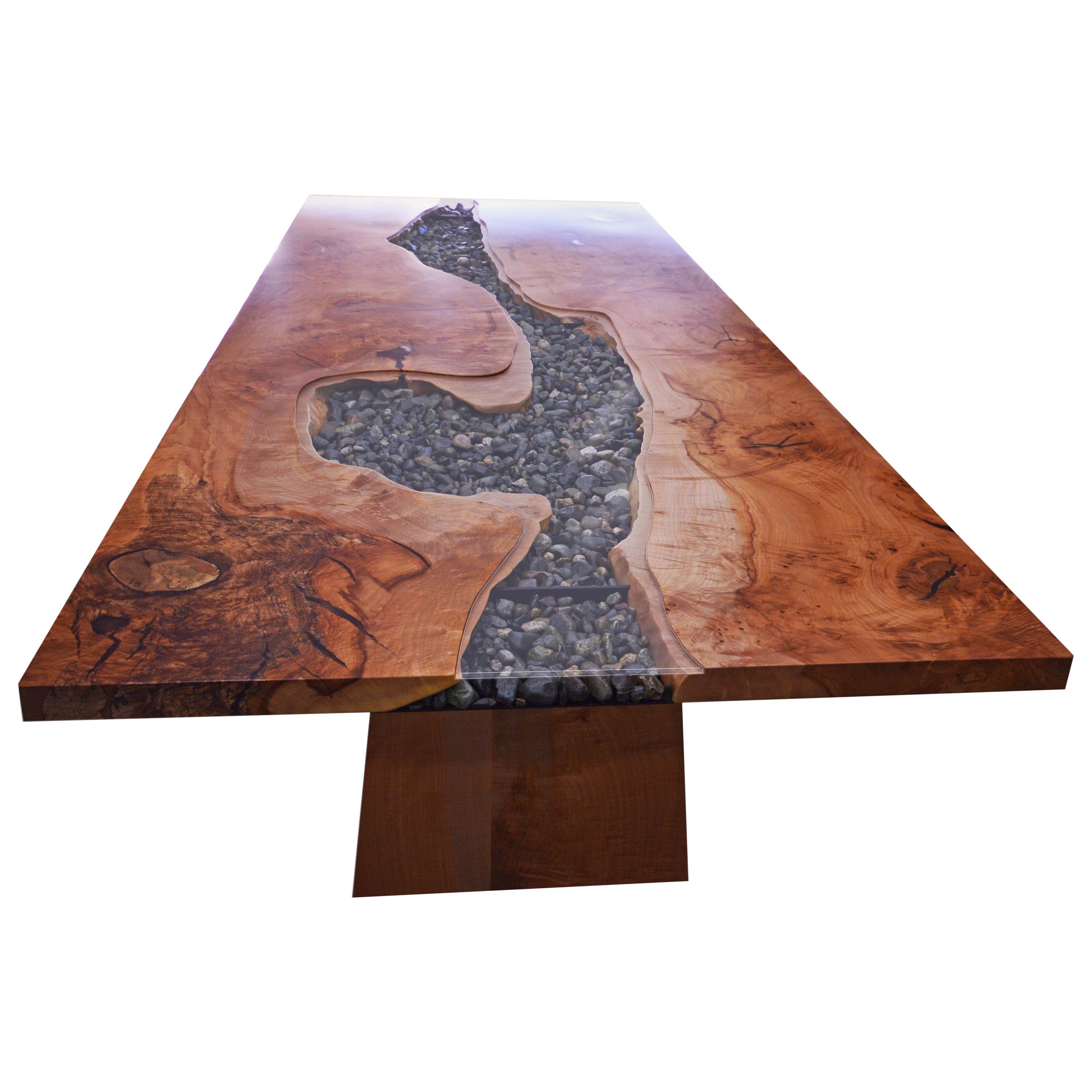 Live Edge Table Made of Solid Maple with Glass River with Rocks and ...