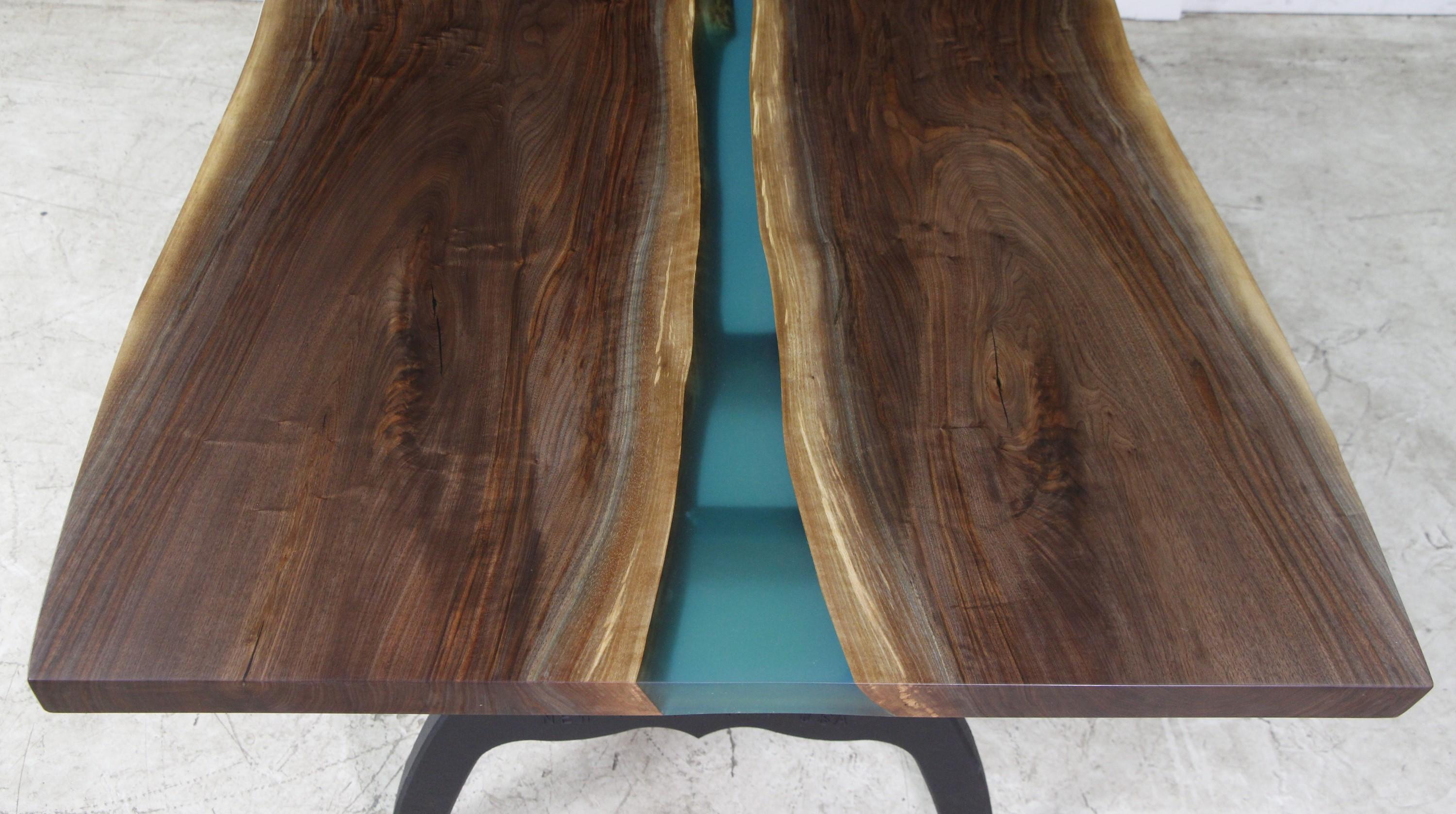Live Edge Walnut Table Blue Resin River Industrial Legs Cast Iron For ...