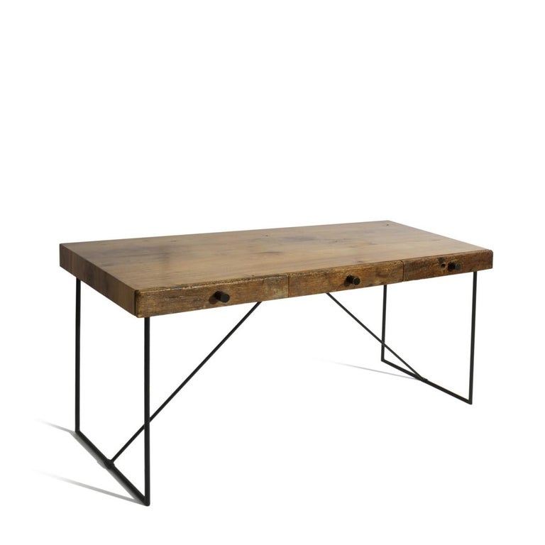 Live Edge Wood and Black Steel Three Drawer Writing Desk For Sale at ...
