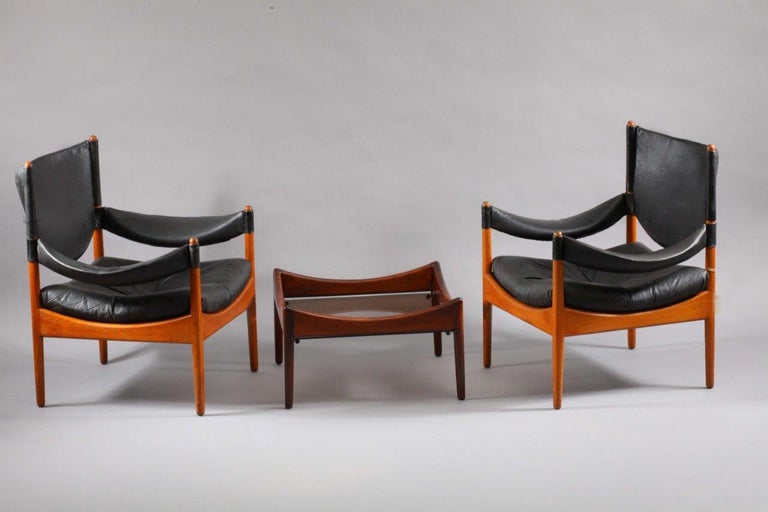 Living Room Set Two Leather Armchairs and Table, Solid Oak, Christian ...