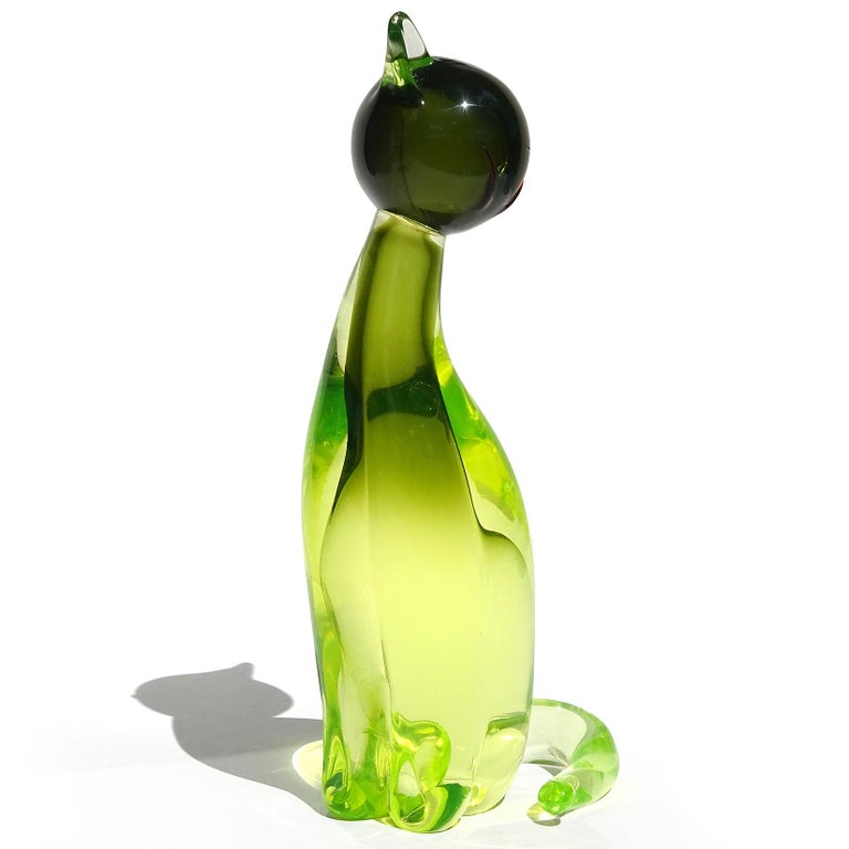 Livio Seguso Murano Sommerso Uranium Green Italian Art Glass Kitty Cat ...