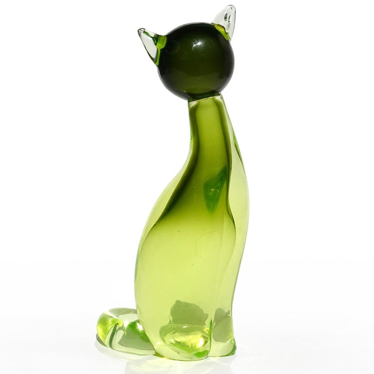 Livio Seguso Murano Sommerso Uranium Green Italian Art Glass Kitty Cat ...
