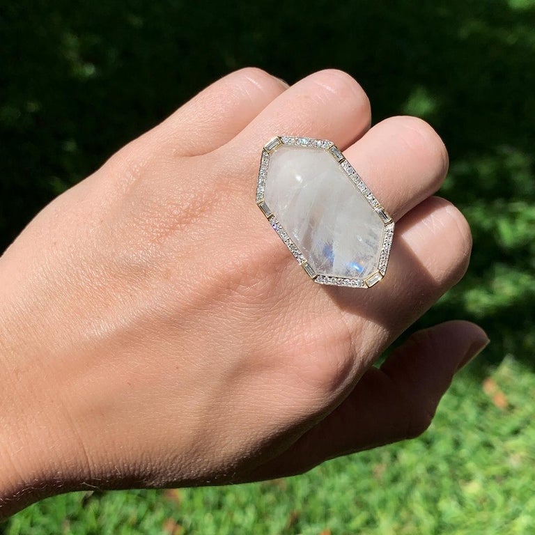 Liza Beth Moonstone Round and Baguette Diamond Gold Silver Statement ...