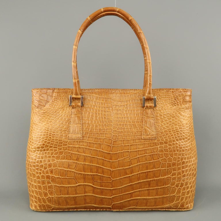 LK LEATHER BANGKOK Tan Crocodile Leather Double Top Handle Handbag at ...