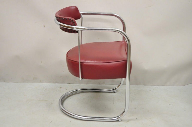 Lloyd Kem Weber Tubular Chrome Steel Red Vinyl Cantilever Arm Chair For ...