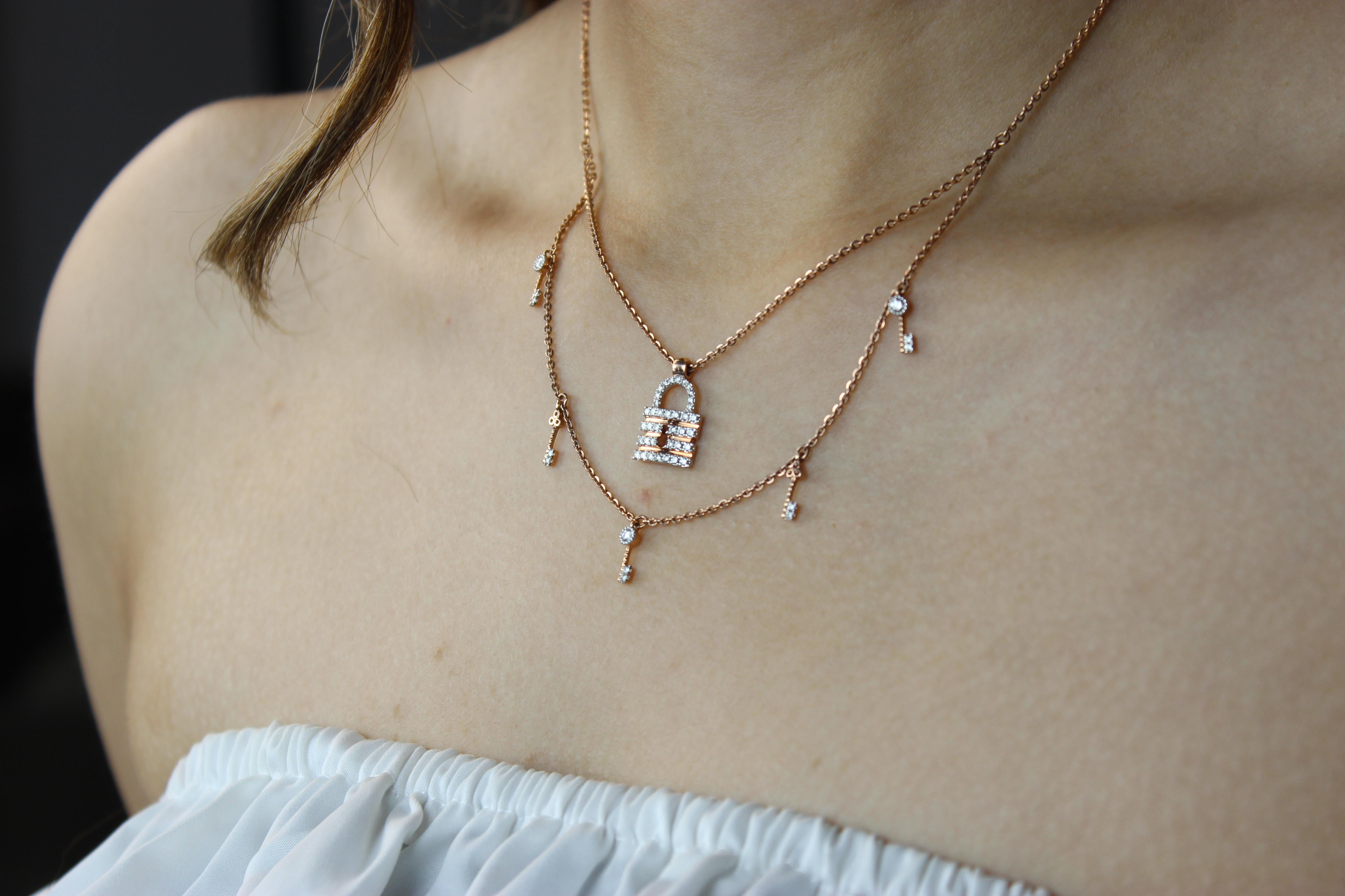 Lock and Key Diamond Charms Necklace in 18k Solid Gold For Sale at 1stDibs