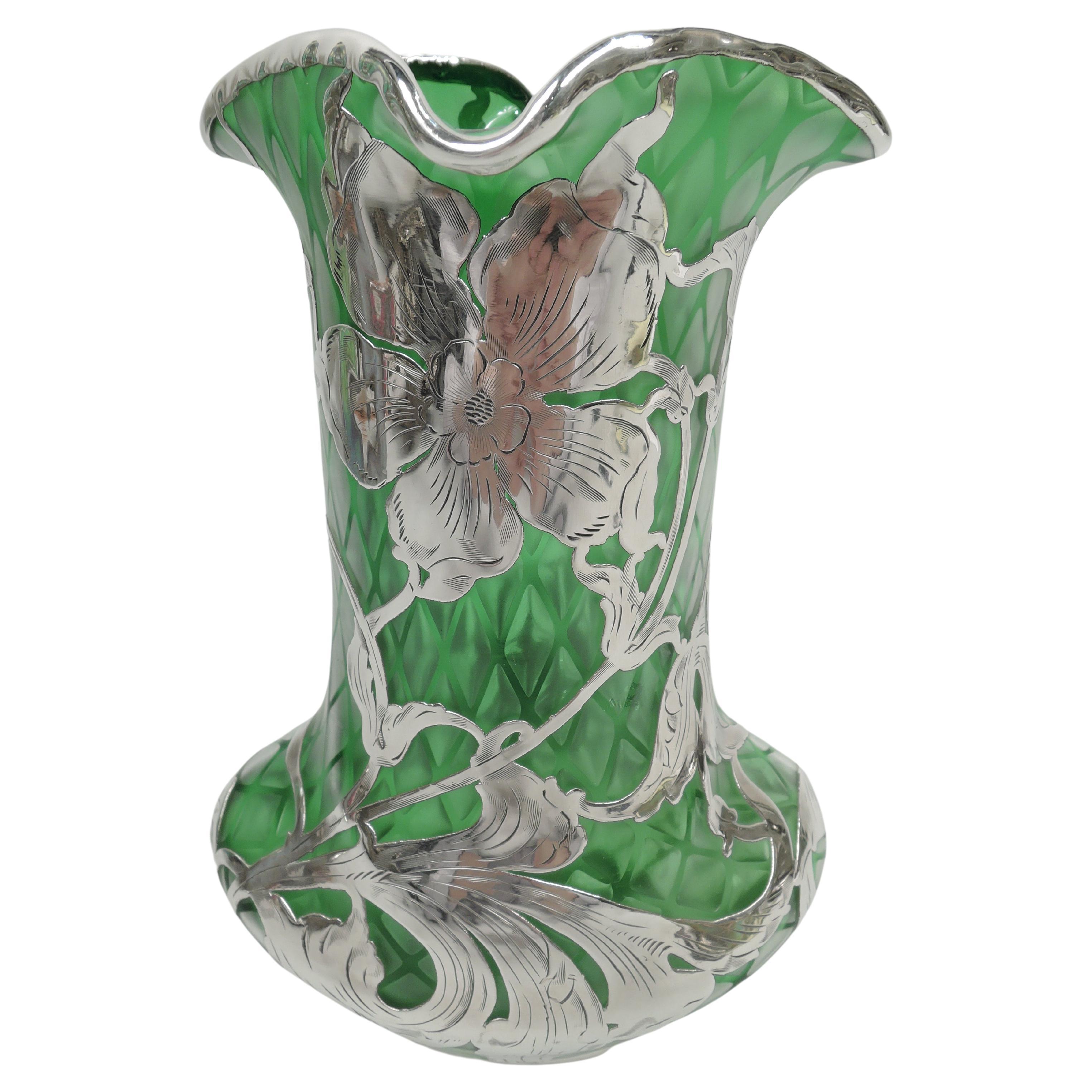 Loetz Art Nouveau Green Quilted Silver Overlay Vase For Sale at 1stDibs
