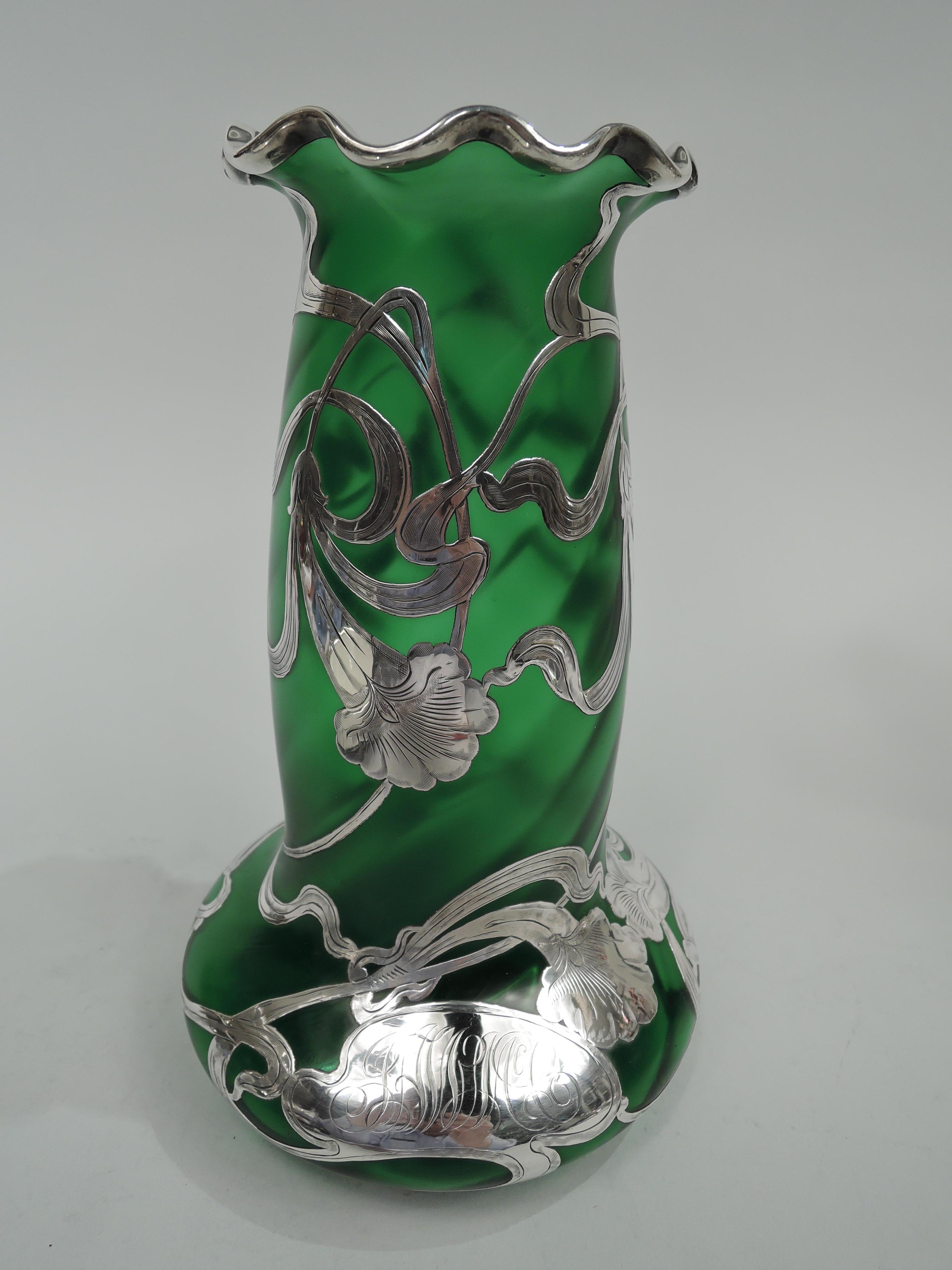 Loetz Art Nouveau Green Vase with Dramatic Silver Overlay For Sale at ...