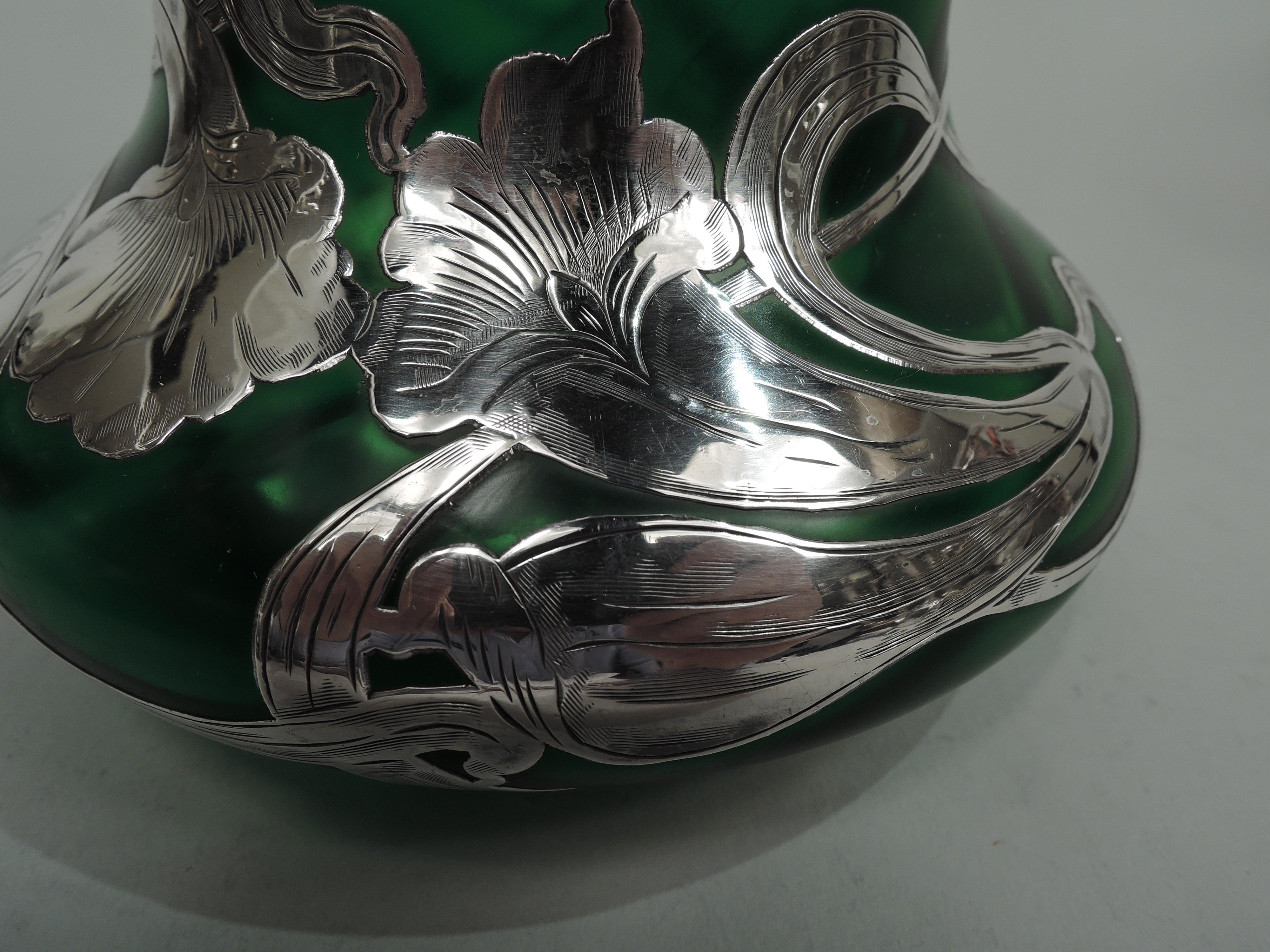 Loetz Art Nouveau Green Vase with Dramatic Silver Overlay For Sale at ...