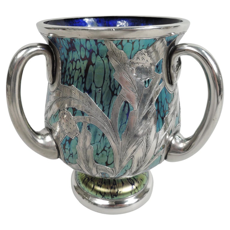 Loetz Art Nouveau Iridescent Loving Cup Vase with Silver Overlay For ...