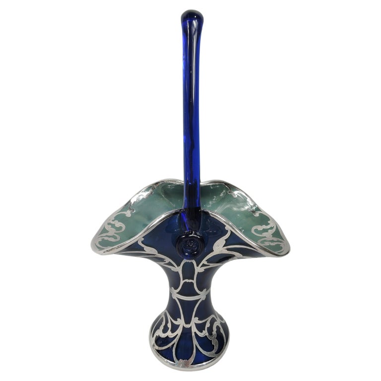Loetz Art Nouveau Silver Overlay Basket in Rare Iridescent Cobalt For ...
