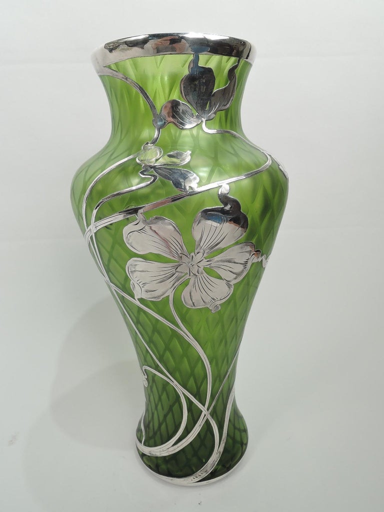 Loetz Art Nouveau Silver Overlay Vase in Rare Olive Green For Sale at ...