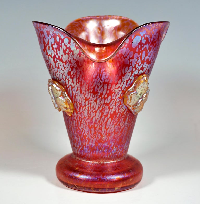 Loetz Art Nouveau Vase Camelia Red Papillon With Applied Butterflies ...