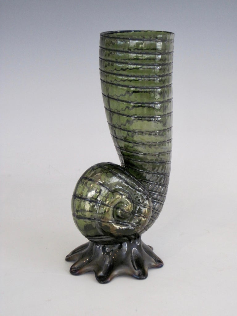 Loetz Green Art Glass Nautilus Shell Vase For Sale at 1stDibs