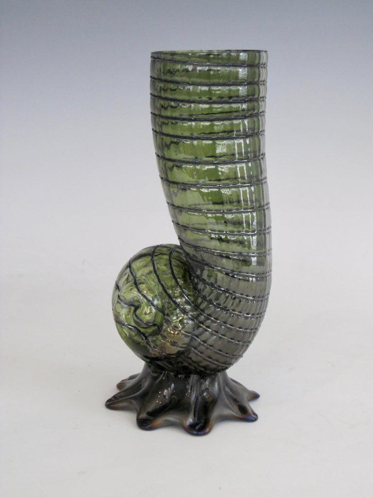 Loetz Green Art Glass Nautilus Shell Vase For Sale at 1stDibs