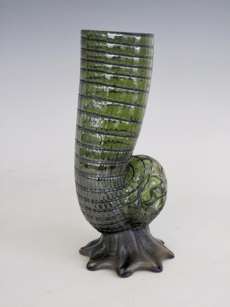 Loetz Green Art Glass Nautilus Shell Vase For Sale at 1stDibs