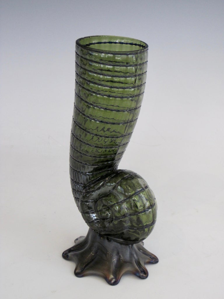 Loetz Green Art Glass Nautilus Shell Vase For Sale at 1stDibs
