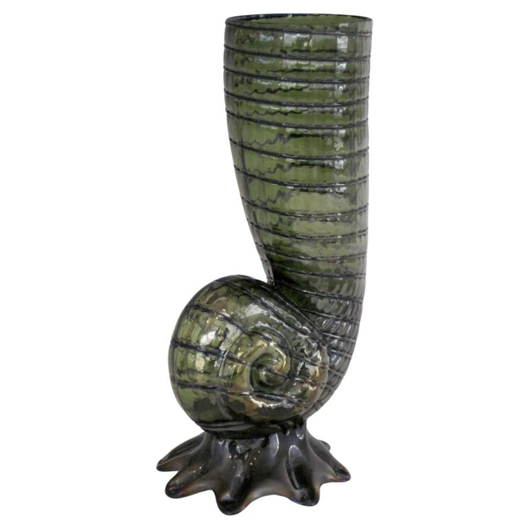 Loetz Green Art Glass Nautilus Shell Vase For Sale at 1stDibs