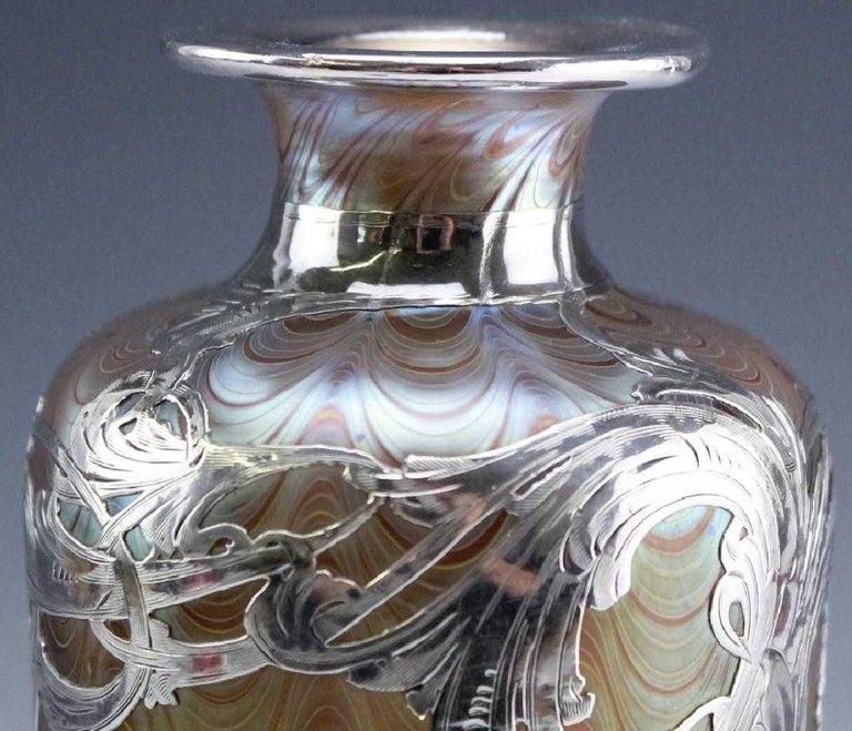Loetz Phänomen Silver Overlay Vase, Engraved Loetz Austria For Sale at ...