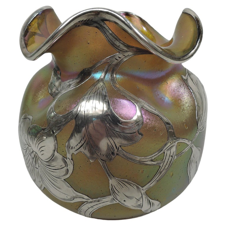 Loetz Silberiris Art Nouveau Iridescent Silver Overlay Vase For Sale at ...
