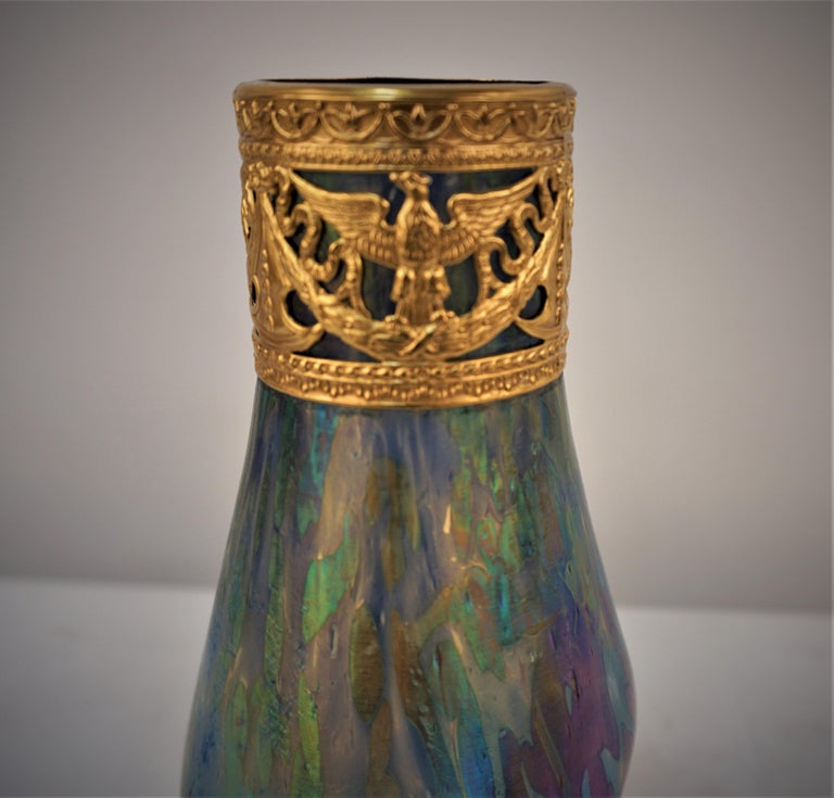 Loetz Style Iridescent Art Glass Vase with Bronze Austria For Sale at ...