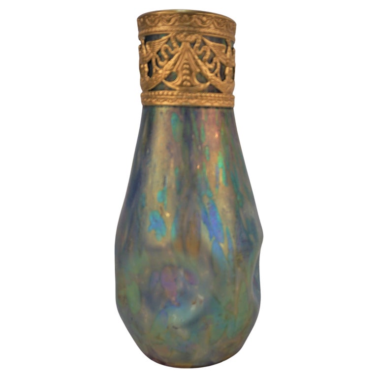 Loetz Style Iridescent Art Glass Vase with Bronze Austria For Sale at ...