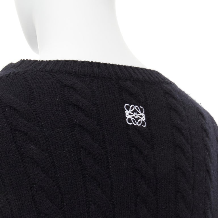 LOEWE 100% wool black white striped cable knit logo embroidered ...