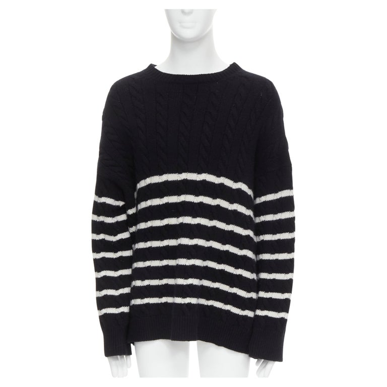 LOEWE 100% wool black white striped cable knit logo embroidered ...