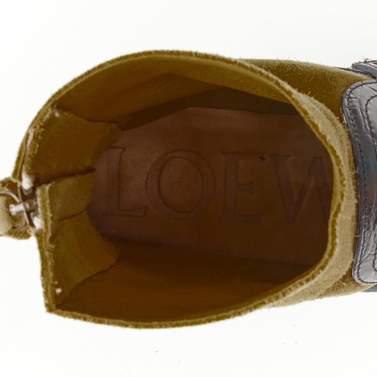 LOEWE black black croc embossed leather brown suede sock loafer boot ...