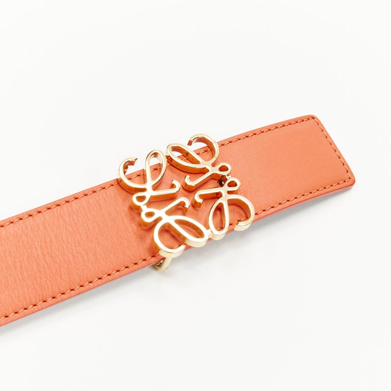 LOEWE gold Anagram logo buckle reversible orange navy blue leather belt ...