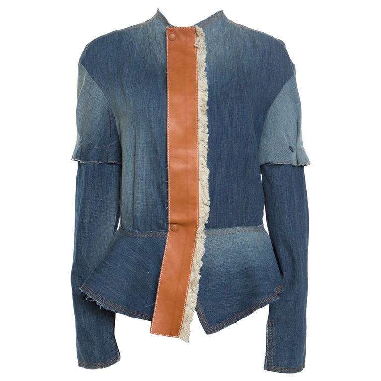 Loewe Indigo Washed Frayed Edge Denim Leather Trim Peplum Jacket M at ...