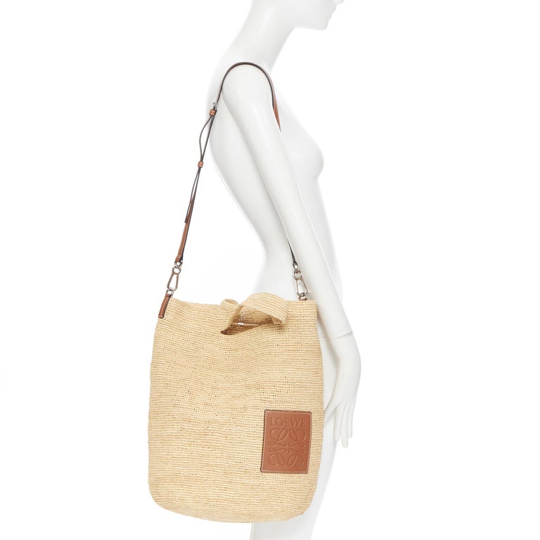 LOEWE Large Slit brown raffia weave leather logo patch shoulder strap ...