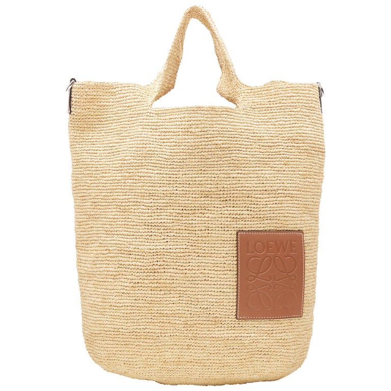 LOEWE Large Slit brown raffia weave leather logo patch shoulder strap ...