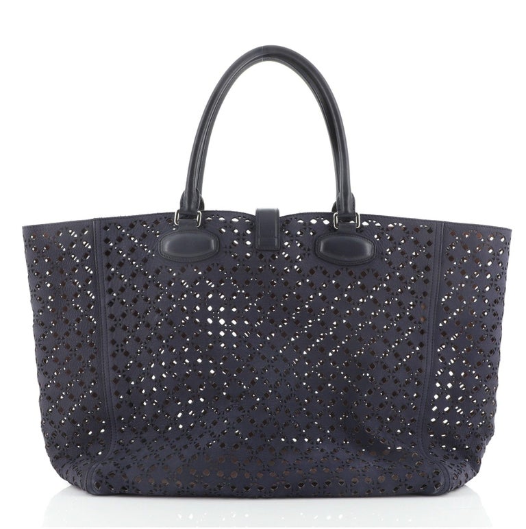 Loewe Leo Shopper Tote Laser Cut Suede Large Blue For Sale at 1stDibs