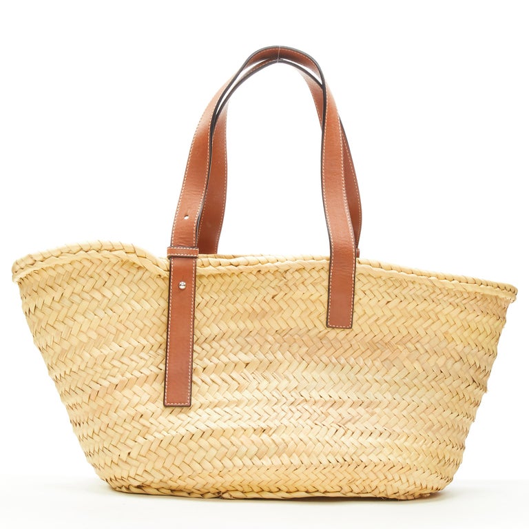 LOEWE Medium Anagram brown leather handle flared raffia straw basket ...