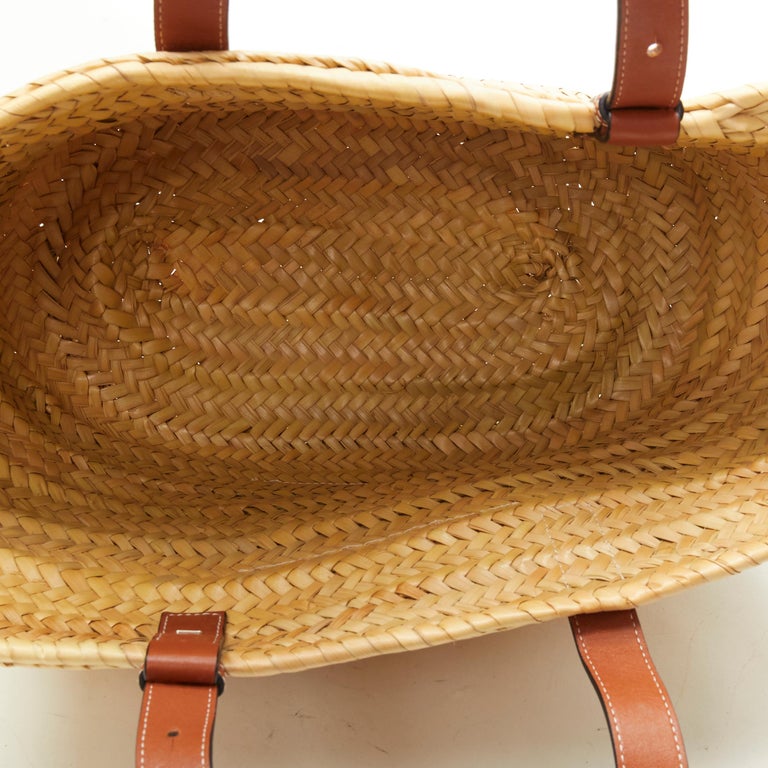 LOEWE Medium Anagram brown leather handle flared raffia straw basket ...