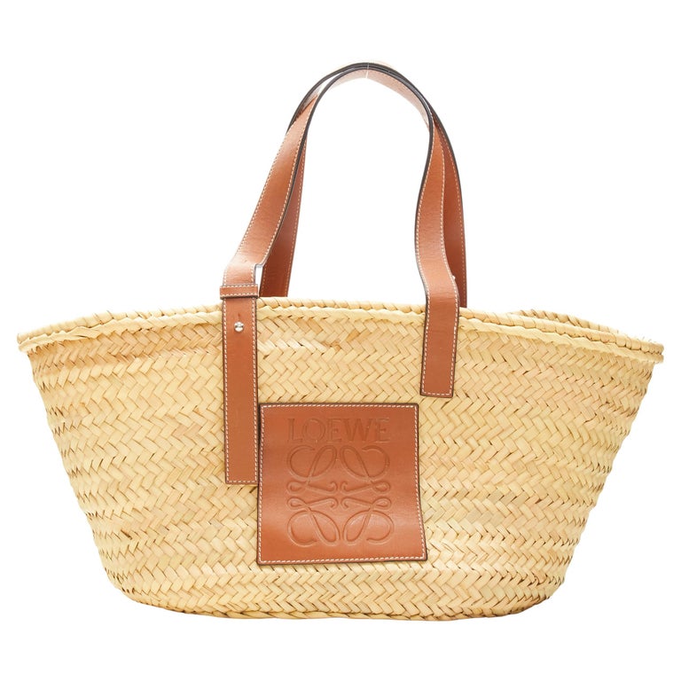 LOEWE Medium Anagram brown leather handle flared raffia straw basket ...