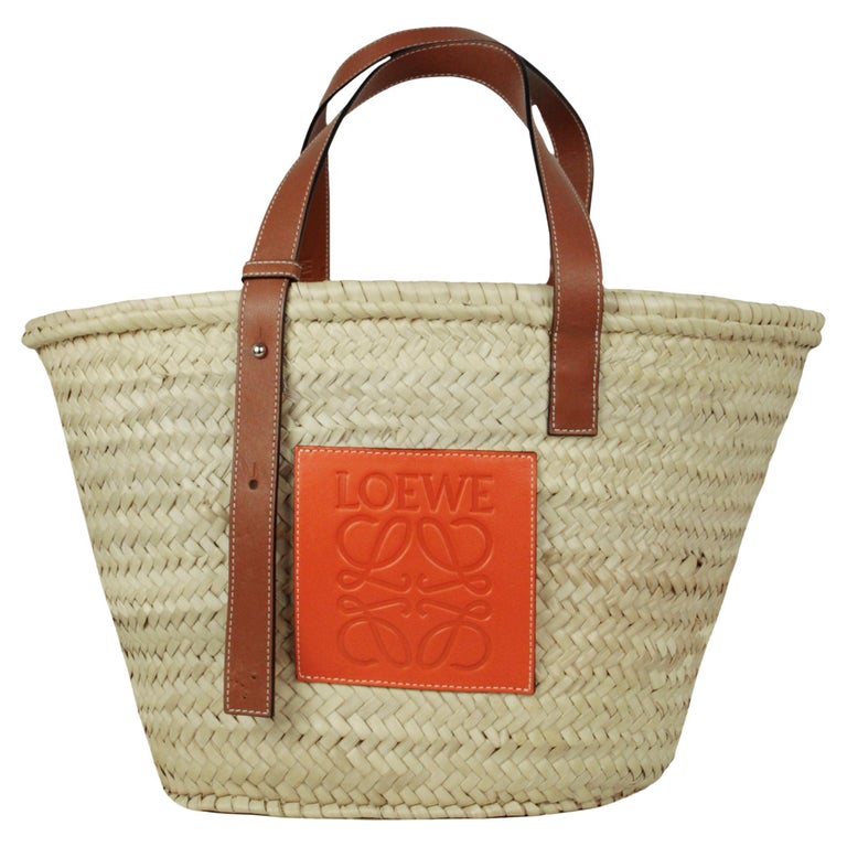 Loewe Natural/Orange Raffia Small Basket Tote Bag For Sale at 1stDibs