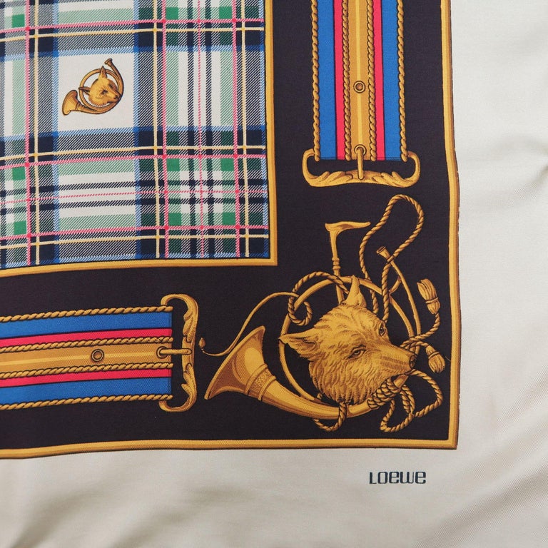 LOEWE Pastel Yellow Multi Color Plaid Fox Horn Print Silk Scarf For ...