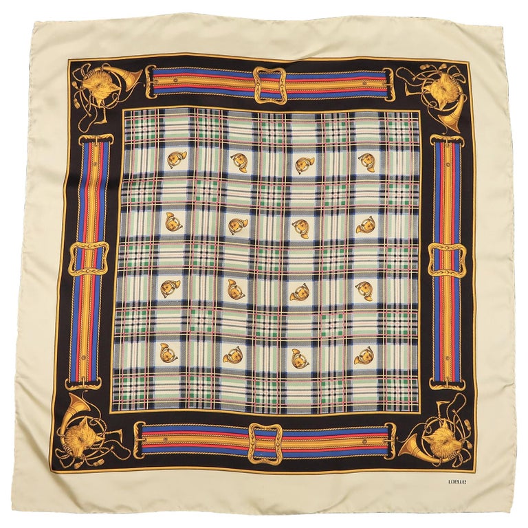 LOEWE Pastel Yellow Multi Color Plaid Fox Horn Print Silk Scarf For ...