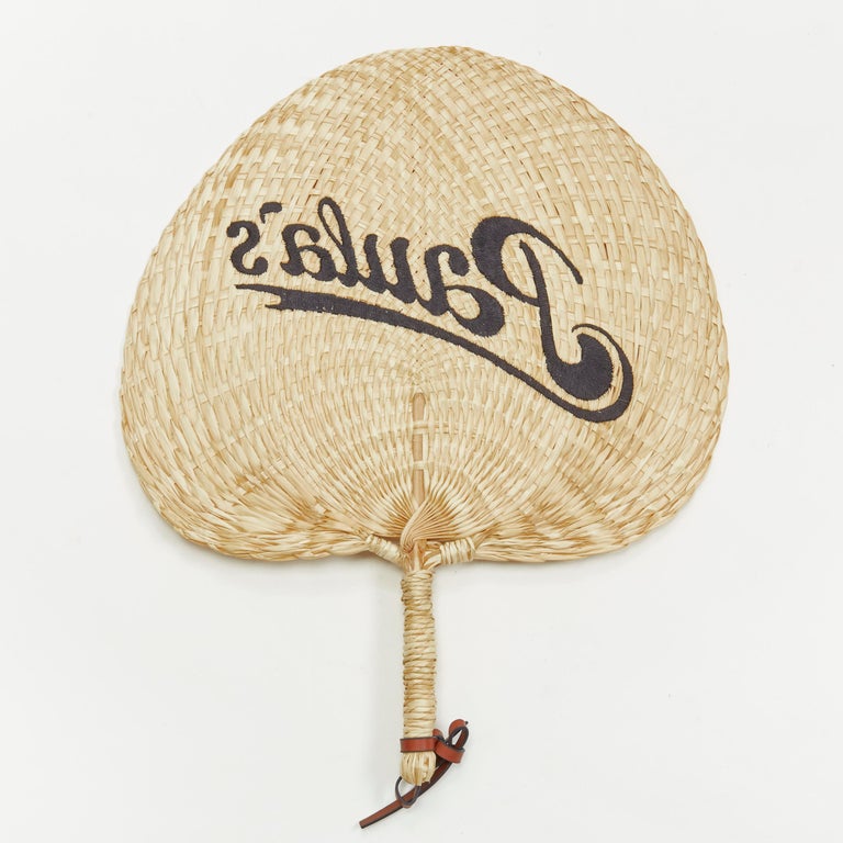 LOEWE Paula's black embroidery rattan raffia brown leather tie hand fan ...