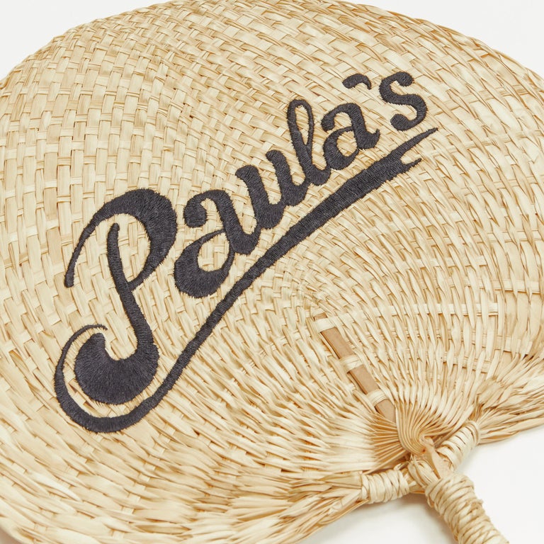 LOEWE Paula's black embroidery rattan raffia brown leather tie hand fan ...