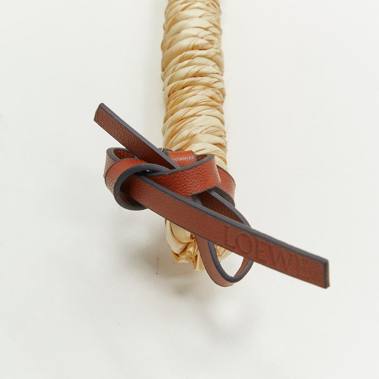 LOEWE Paula's black embroidery rattan raffia brown leather tie hand fan ...