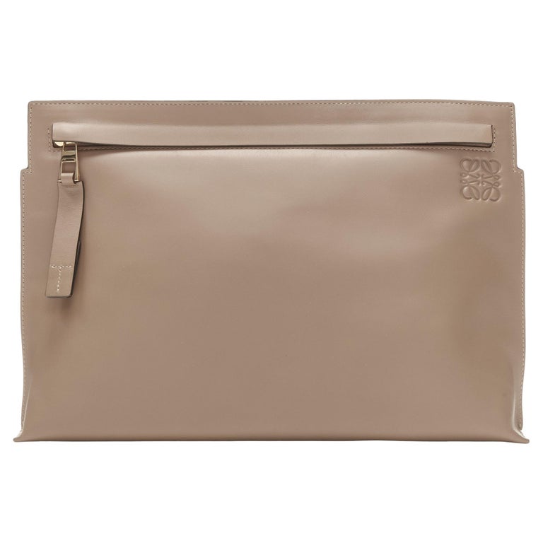 LOEWE T Pouch brown Anagram logo embossed front zip portfolio clutch ...