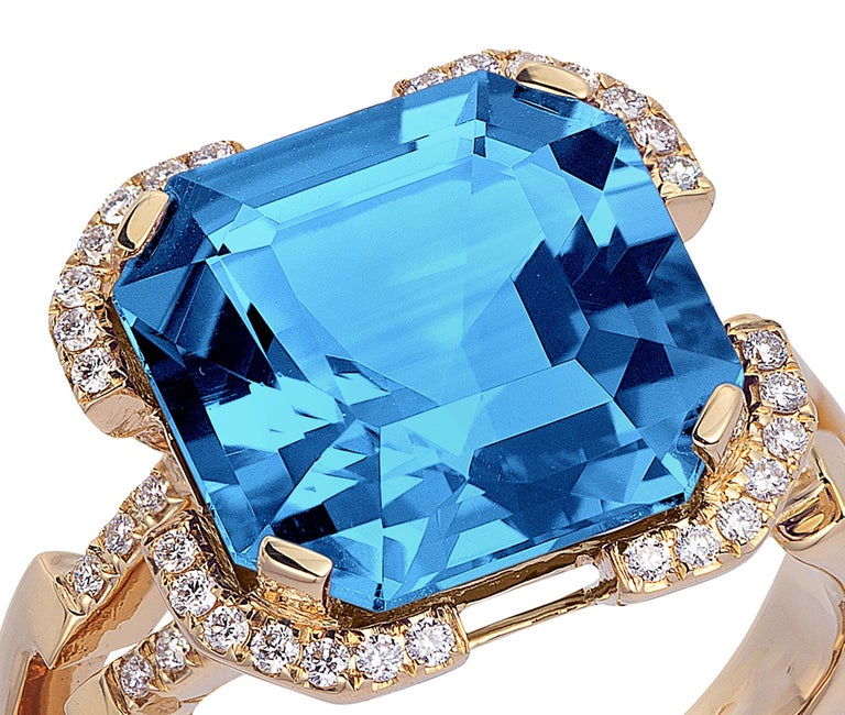 London Blue Topaz Emerald Cut Ring with Diamonds at 1stDibs